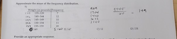 Solved Approximate the mean of the frequency distribution. | Chegg.com