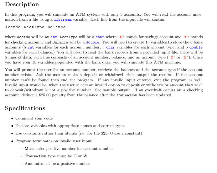 Solved DescriptionIn this program, you will simulate an ATM | Chegg.com