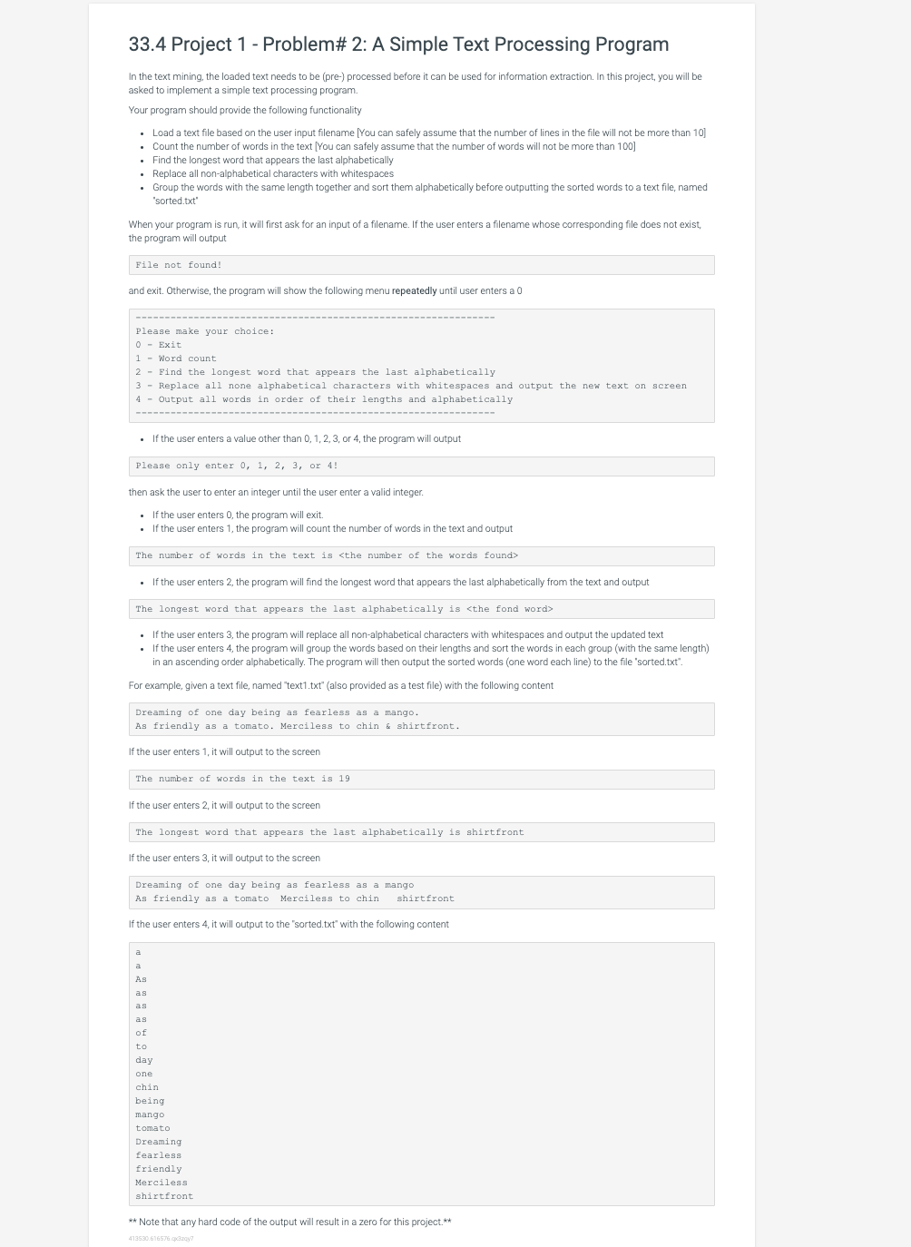 Solved 33.4 Project 1 - Problem# 2: A Simple Text Processing | Chegg.com