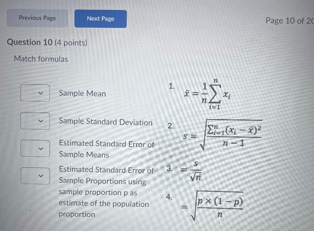 Solved Question 10 (4 points) Match formulas Sample Mean 1. | Chegg.com