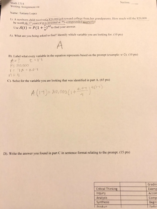 Solved Math 1314 Section Writing Assignment #4 Name: Tatiana | Chegg.com