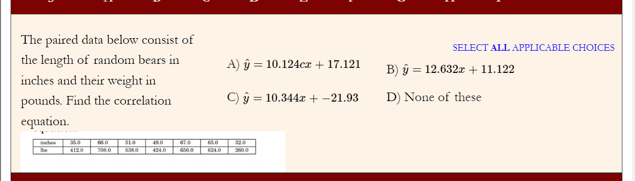 Solved The paired data below consist of SELECT ALL | Chegg.com