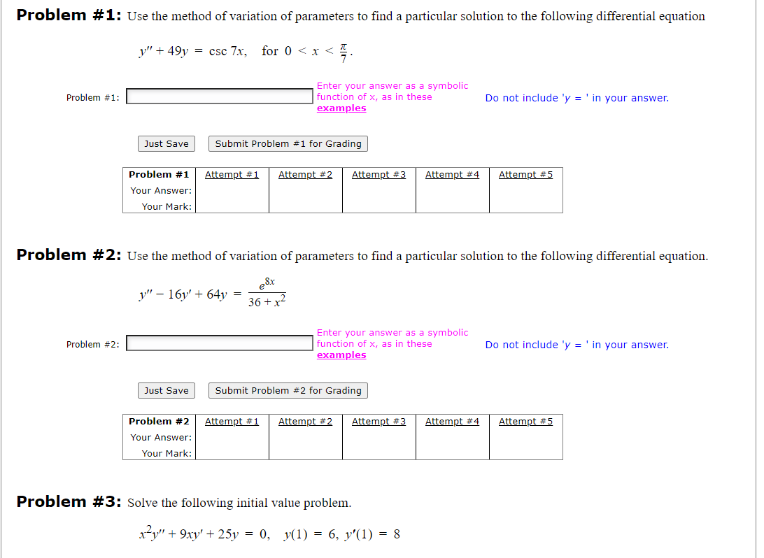 Solved Problem #1: Use the method of variation of parameters | Chegg.com