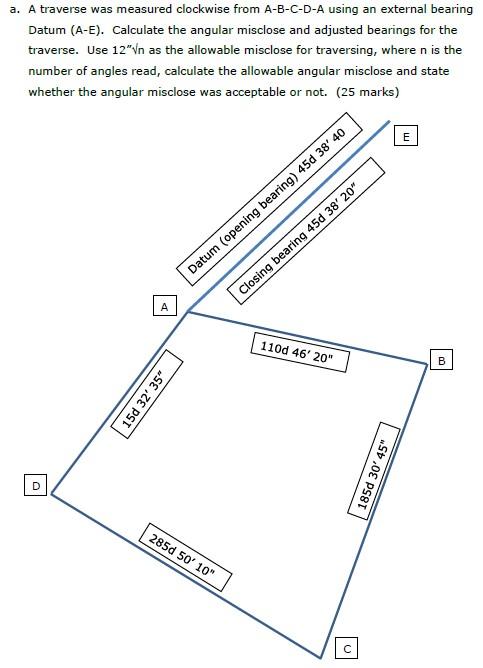 Solved a. A traverse was measured clockwise from A−B−C−D−A | Chegg.com