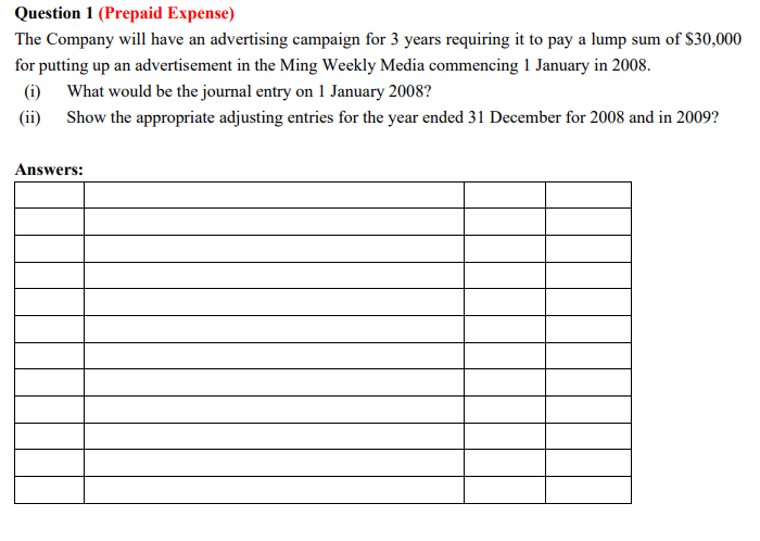 Solved Question 1 (Prepaid Expense) The Company will have an | Chegg.com