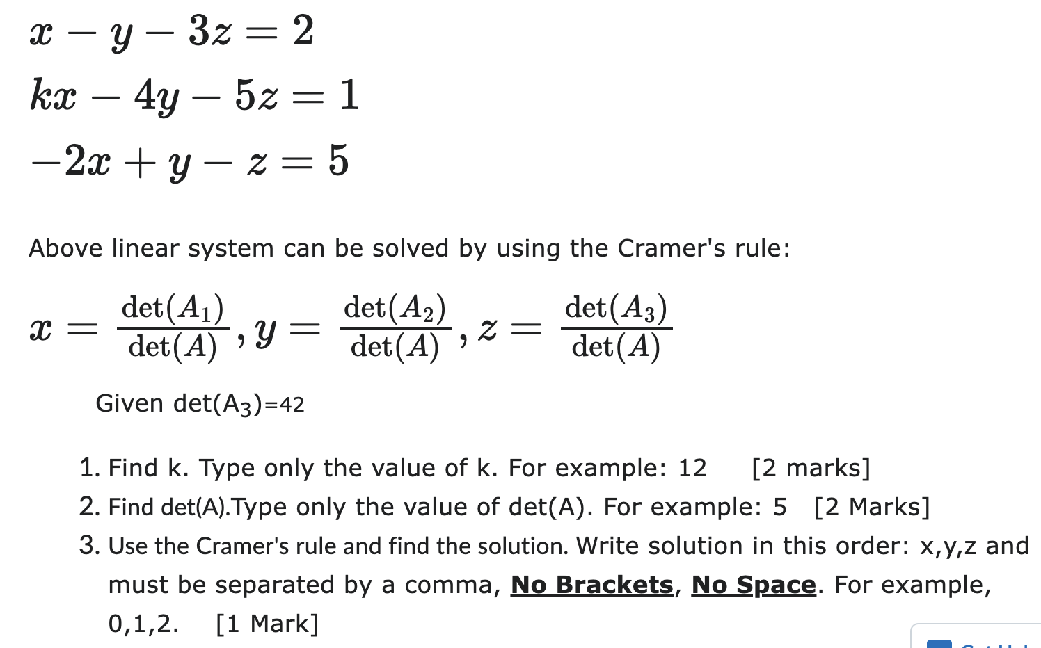 Solved \\[ \\begin{array}{l} x-y-3 z=2 \\\\ k x-4 y-5 z=1 | Chegg.com