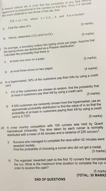 A biased cubical die is such that the probability of | Chegg.com