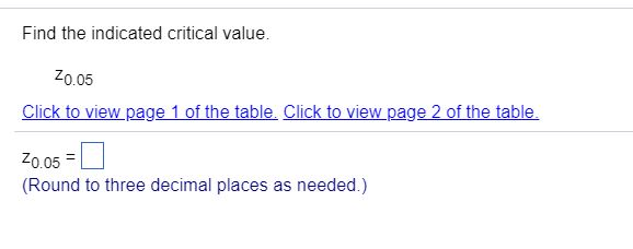 Solved Find the indicated critical value. Z0.05 Click to | Chegg.com