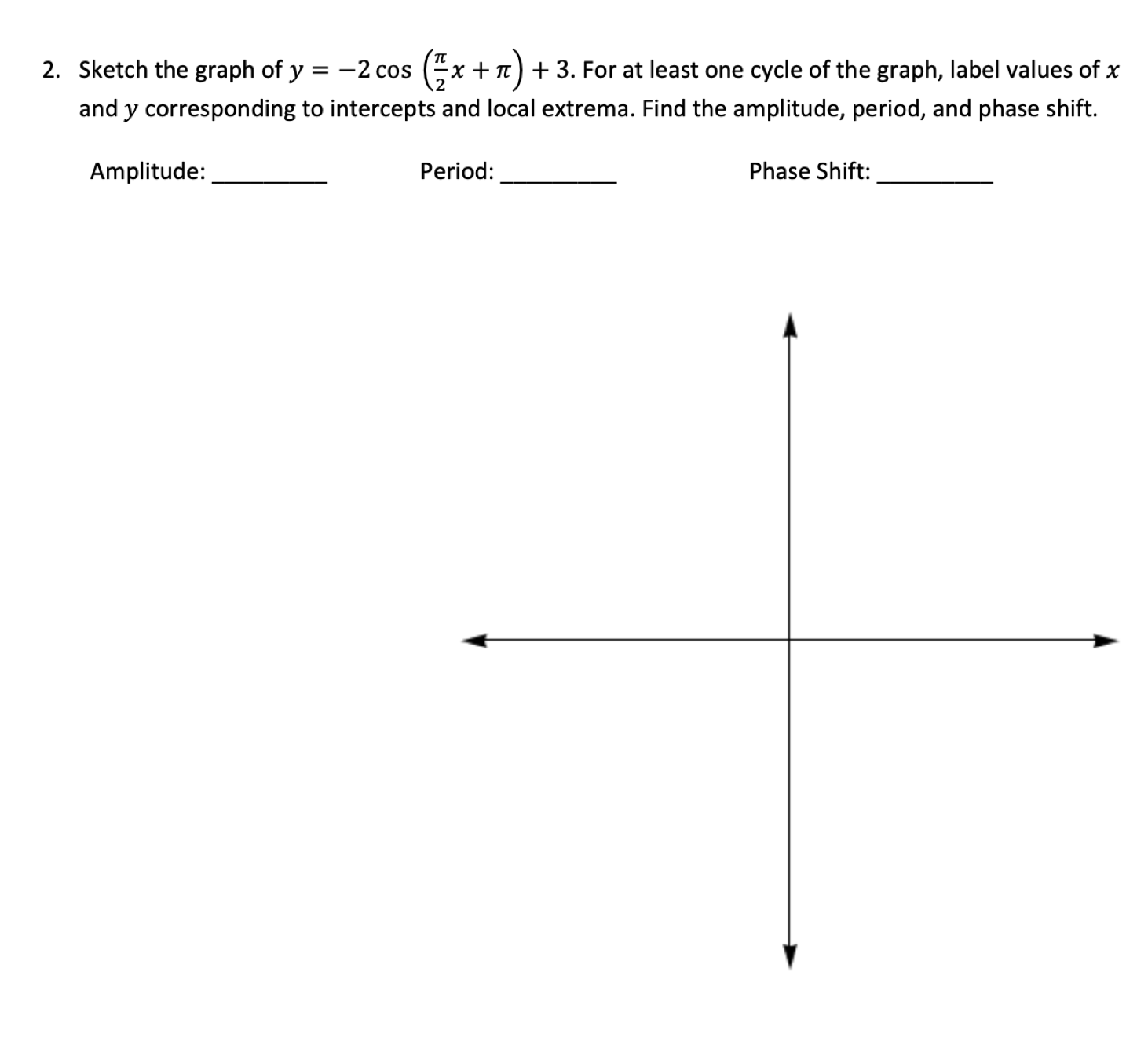 Solved 2. Sketch the graph of y=−2cos(2πx+π)+3. For at least | Chegg.com