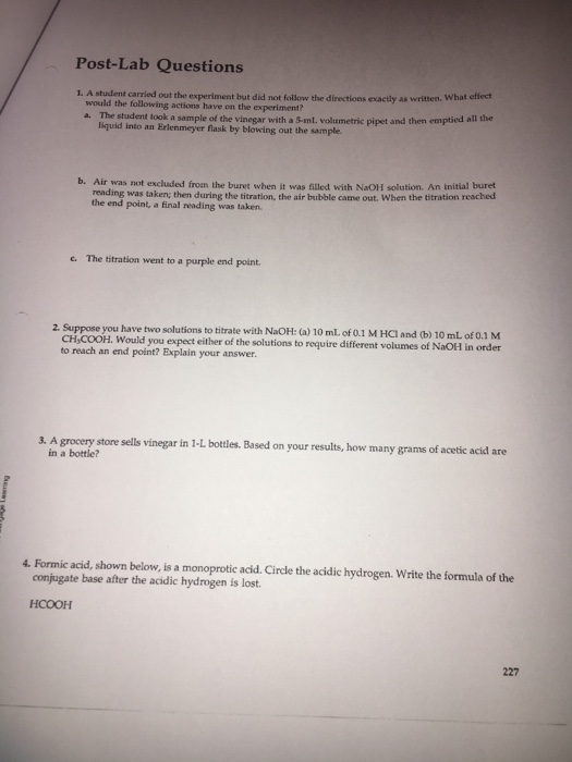 Solved Post-Lab Questions 1. A student carried out the | Chegg.com