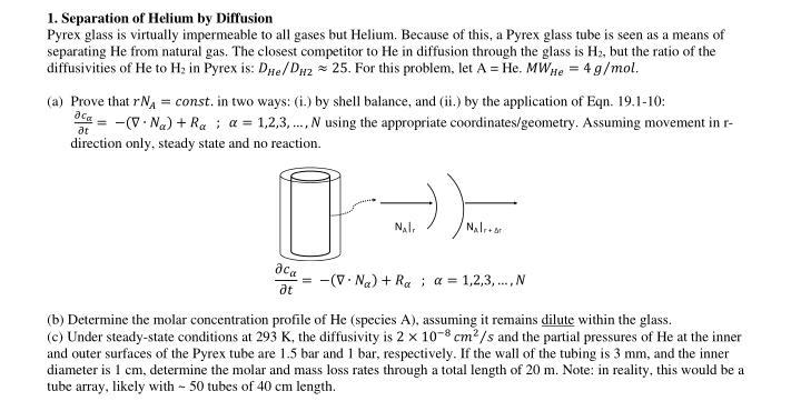 Solved 1. Separation of Helium by Diffusion Pyrex glass is | Chegg.com