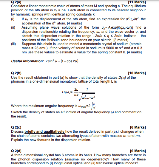 Solved Q 2(a)[11 ﻿Marks]Consider a linear monatomic chain of | Chegg.com