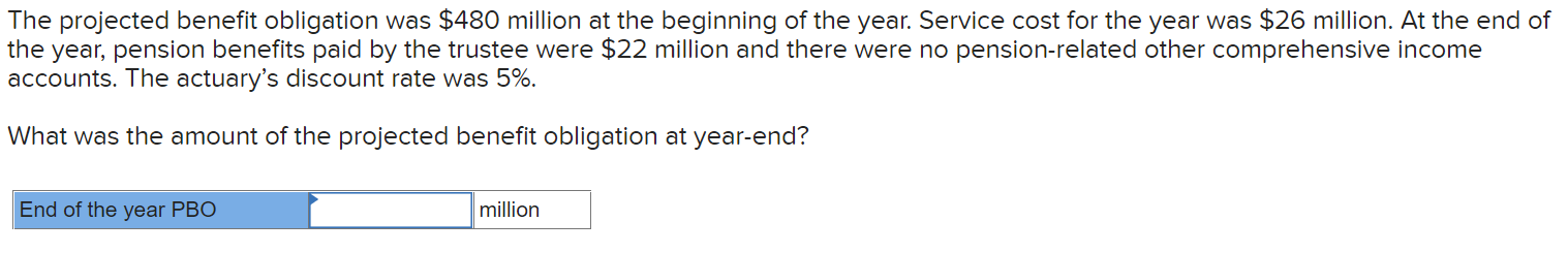 Solved The projected benefit obligation was $480 million at | Chegg.com