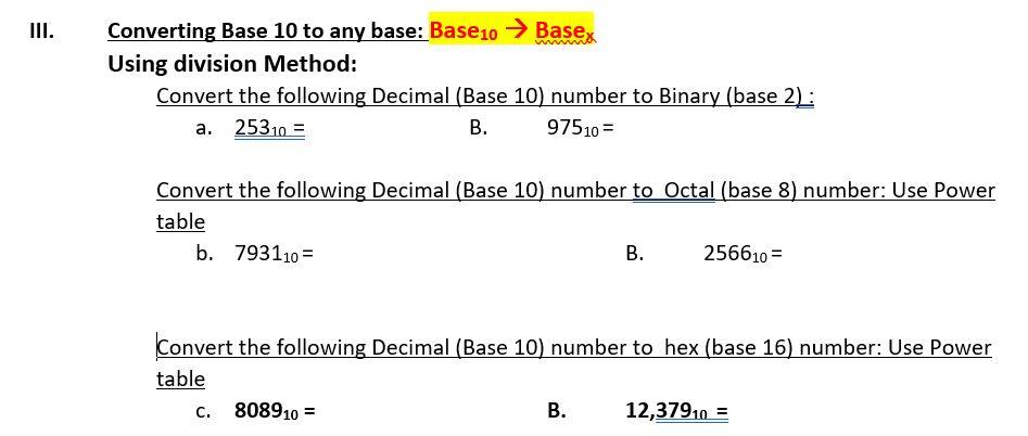 Solved Converting Base 10 to any base: Base 10 → Basex Using | Chegg.com
