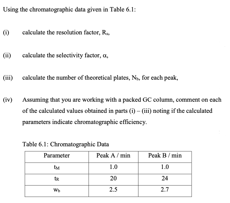 Solved Using the chromatographic data given in Table 6.1: | Chegg.com