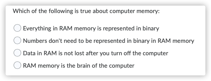 Solved Which of the following is true about computer memory: | Chegg.com