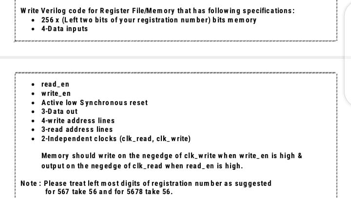 Solved Write Verilog code for Register File/Memory that has | Chegg.com