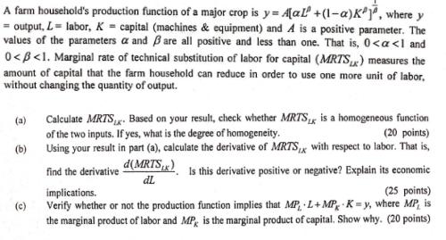 Solved A farm household's production function of a major | Chegg.com