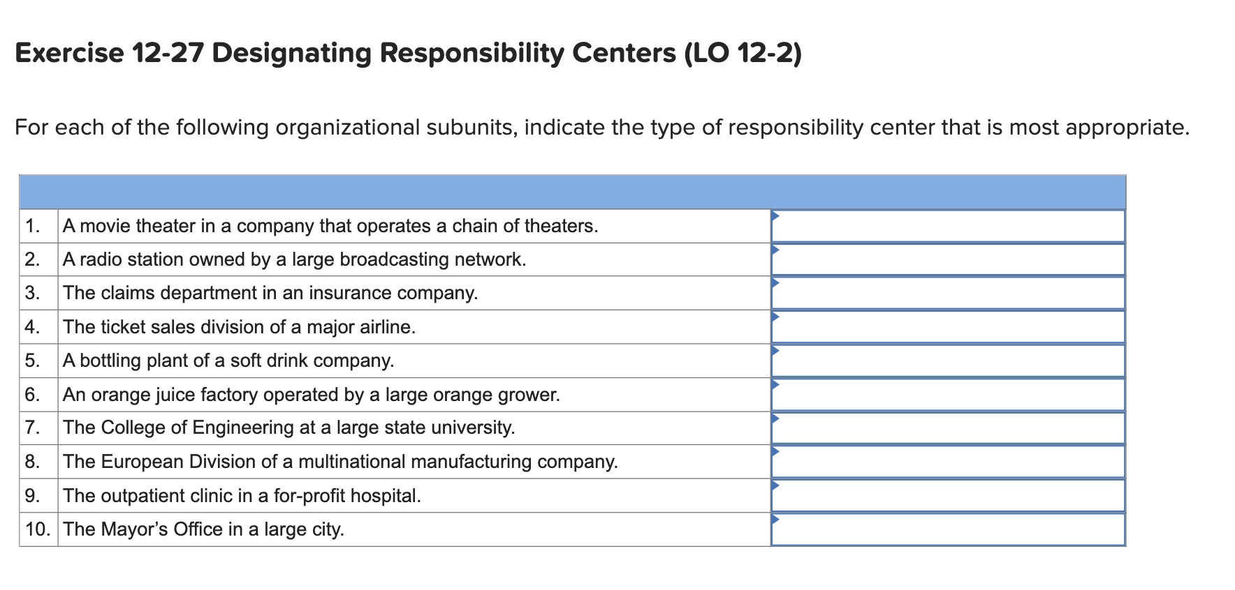Solved Exercise 12-27 Designating Responsibility Centers (LO | Chegg.com