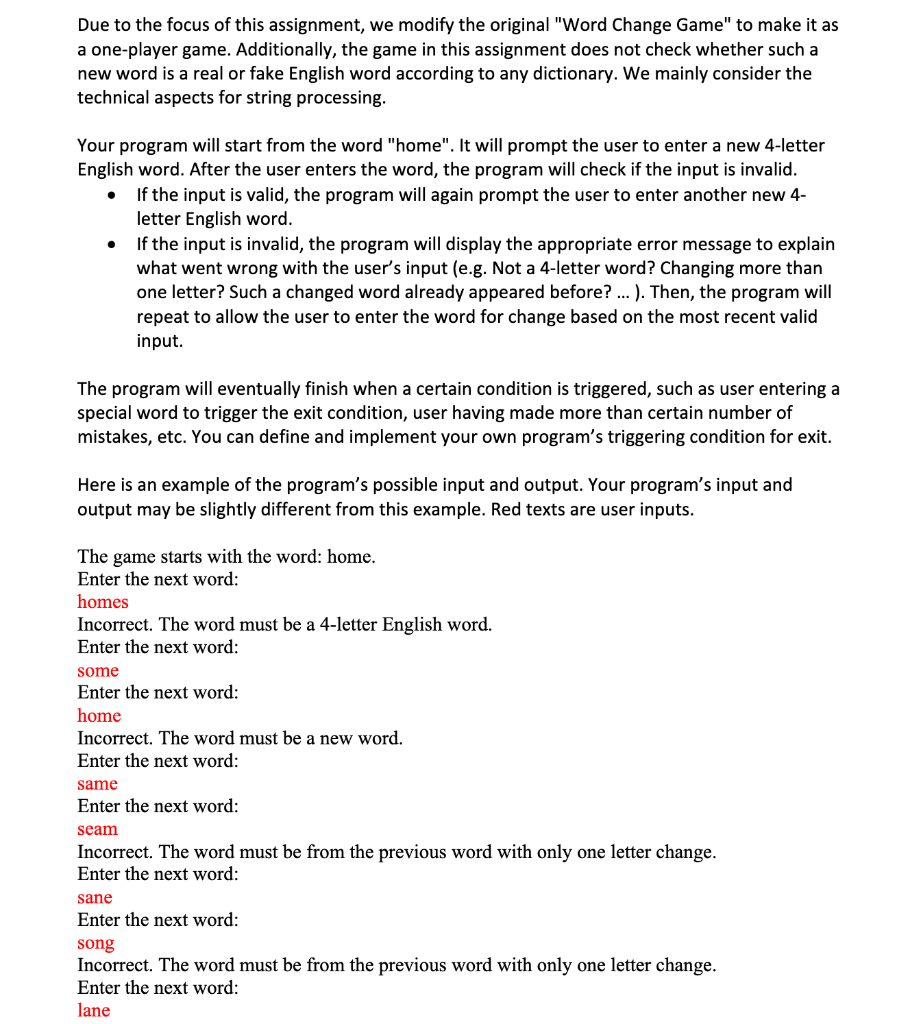 Solved Assignment The "Word Change Game" in this assignment | Chegg.com