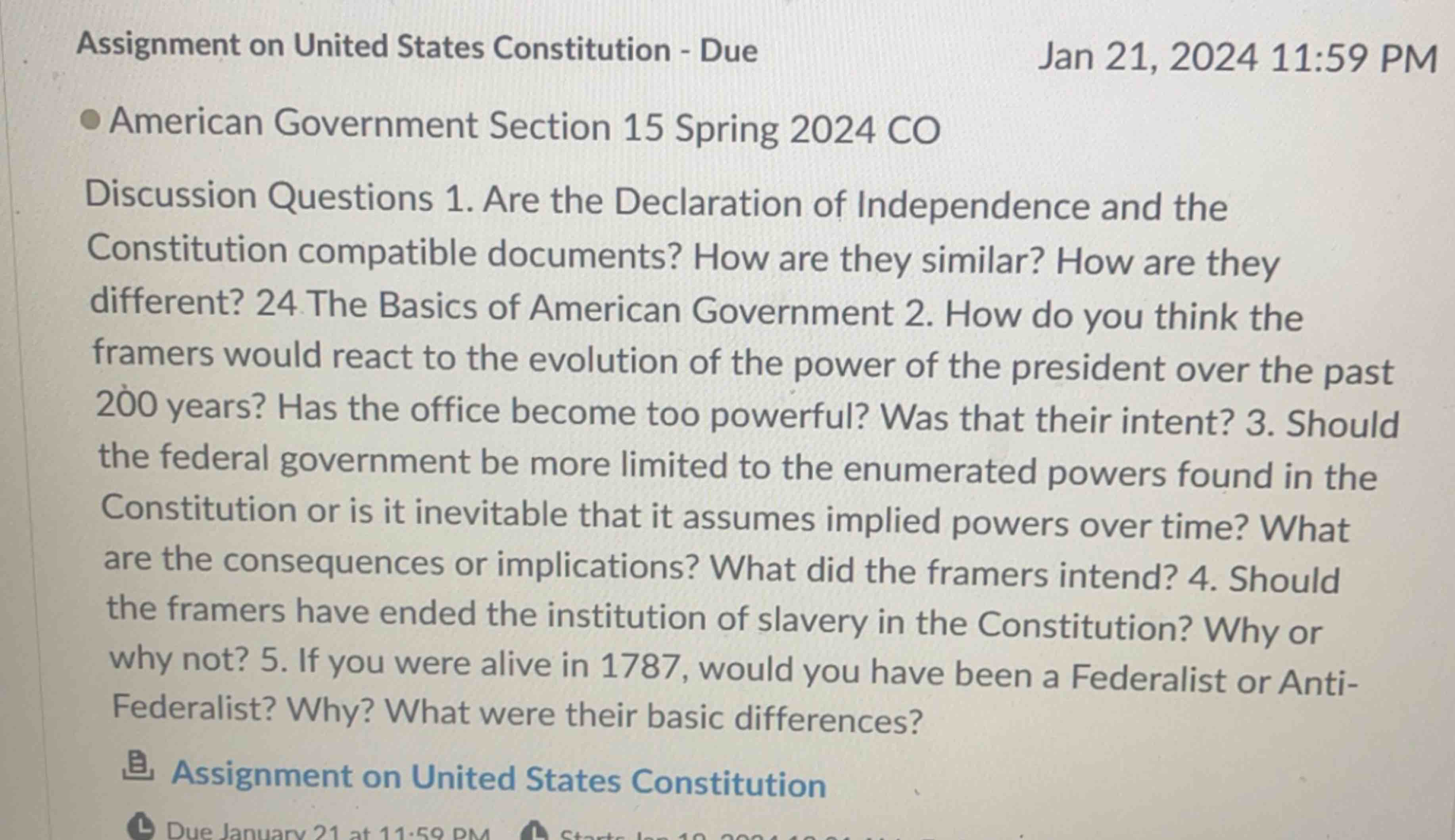 Solved Assignment on United States Constitution - ﻿DueJan | Chegg.com