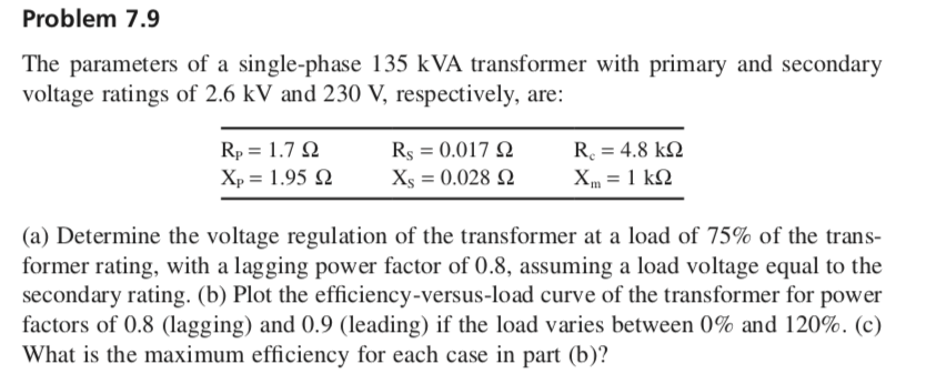 Solved Problem 7.9 The parameters of a single-phase 135 kVA | Chegg.com