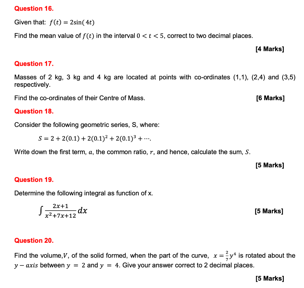 Solved Question 16. Given that: f(t)=2sin(4t) Find the mean | Chegg.com