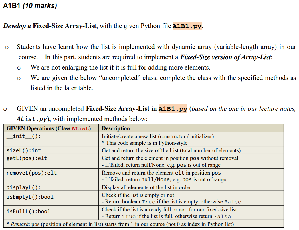 Solved A1B1 10 Marks Develop A Fixed Size Array List With Chegg