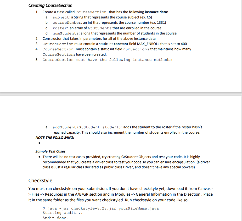 Solved Creating a GtStudent a. C. 1. Create a class called | Chegg.com