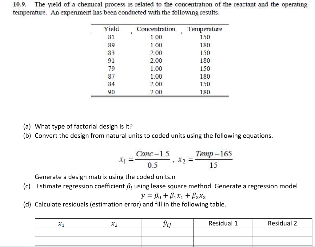 Solved 10.9. The yield of a chemical process is related to | Chegg.com