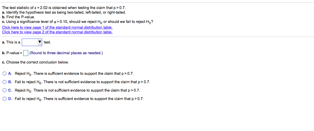 Solved The test statistic of z = 2.02 is obtained when | Chegg.com