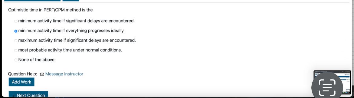 Solved Optimistic time in PERT/CPM method is the minimum | Chegg.com