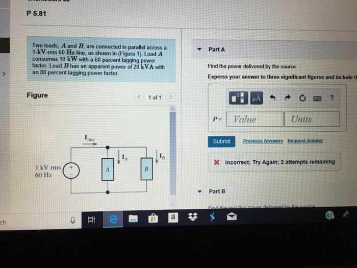 Solved P 5.81 Two loads, A and B, are connected in parallel | Chegg.com