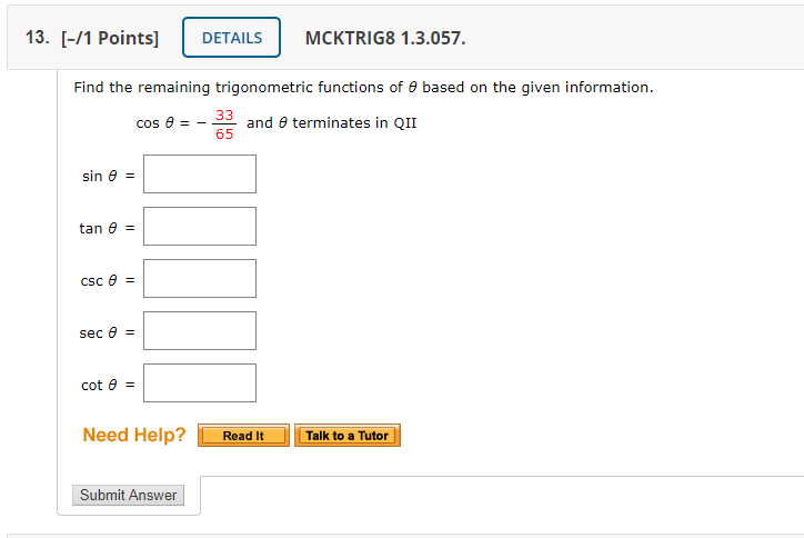 Solved Find the remaining trigonometric functions of θ | Chegg.com