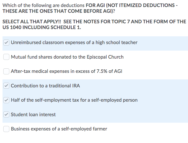 Solved Which of the following are deductions FOR AGI (NOT | Chegg.com