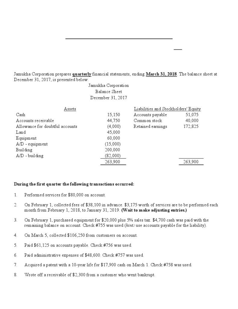 Solved Jamukha Corporati on prepares quarterly financial | Chegg.com