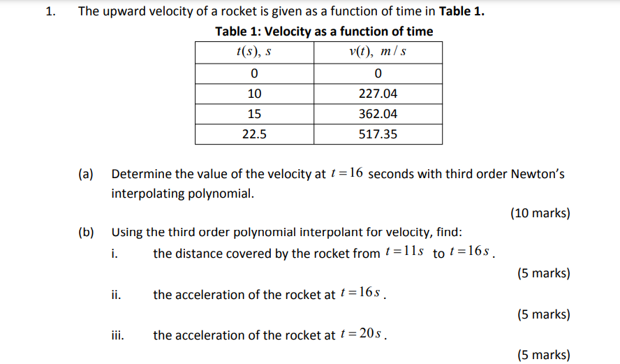 Solved 1. The upward velocity of a rocket is given as a | Chegg.com