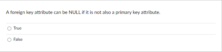 Solved A foreign key attribute can be NULL if it is not also | Chegg.com