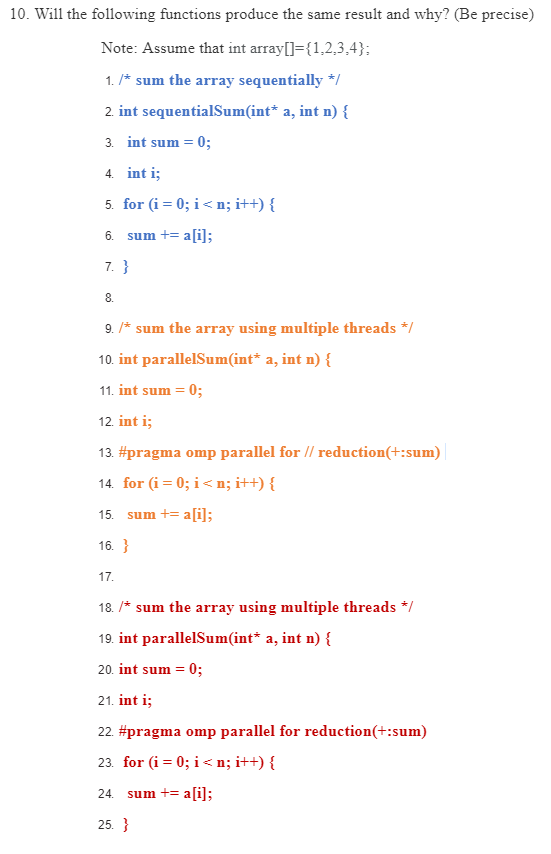 10 Following Functions Produce Result Precise Note Assume Int Array 1 2 3 4 1 Sum Array Se 6469