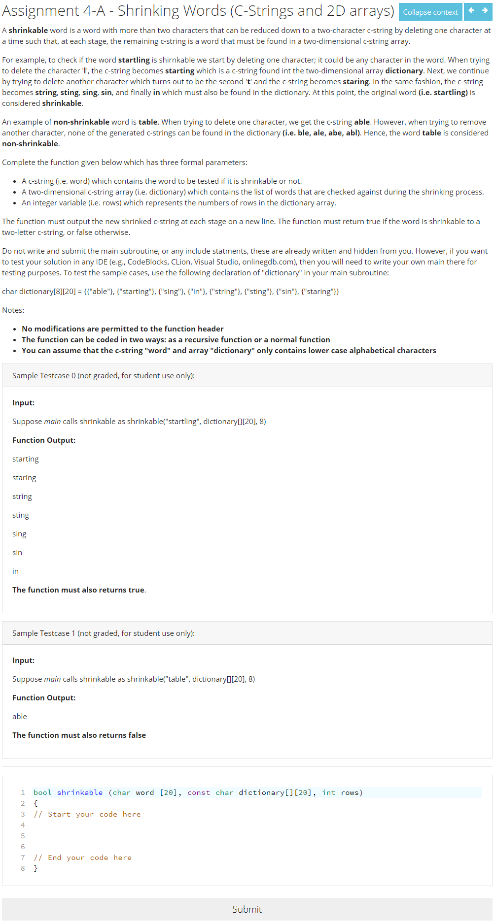 Solved - Assignment 4-A - Shrinking Words (C-Strings and 2D | Chegg.com