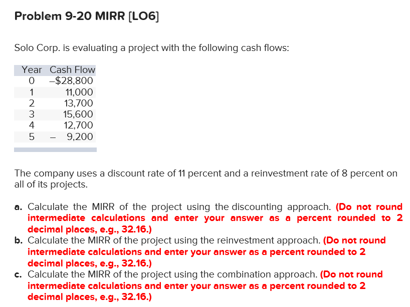 Solved Problem 9-20 MIRR (LO6) Solo Corp. is evaluating a | Chegg.com