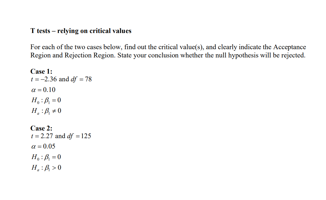 Solved T tests - relying on critical values For each of the | Chegg.com