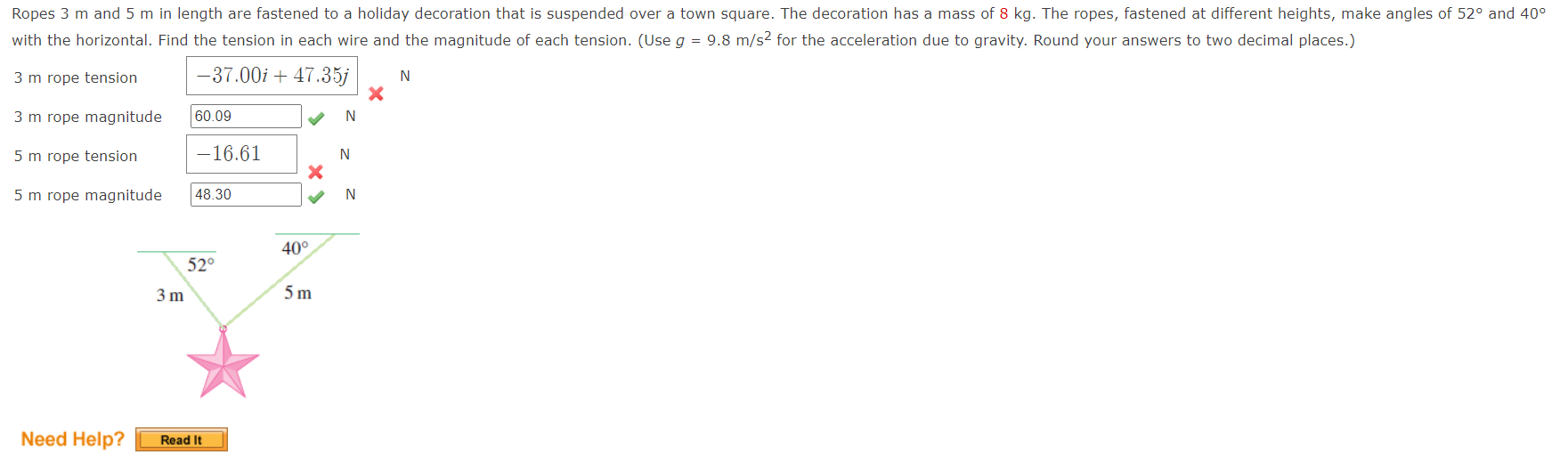 Solved Ropes 3 m and 5 m in length are fastened to a holiday | Chegg.com