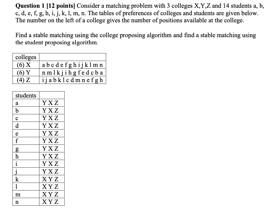 Solved Question 1 [12 points] Consider a matching problem | Chegg.com