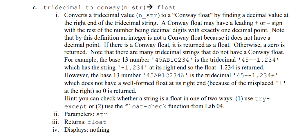 Solved c. tridecimal_to_conway (n_str) → float i. Converts a | Chegg.com