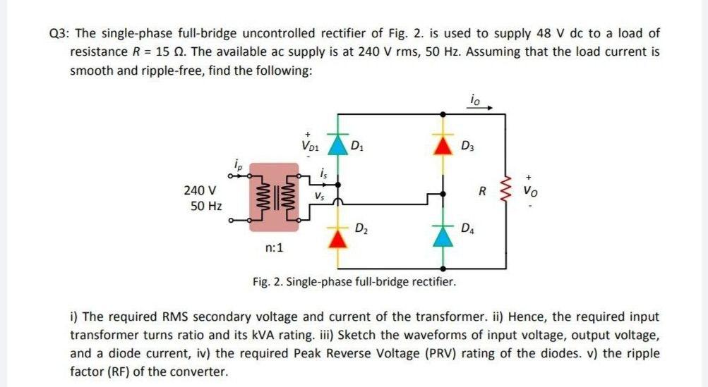 Solved Q3: The single-phase full-bridge uncontrolled | Chegg.com