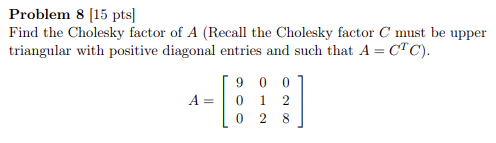 Solved Problem 8 (15 pts Find the Cholesky factor of A | Chegg.com