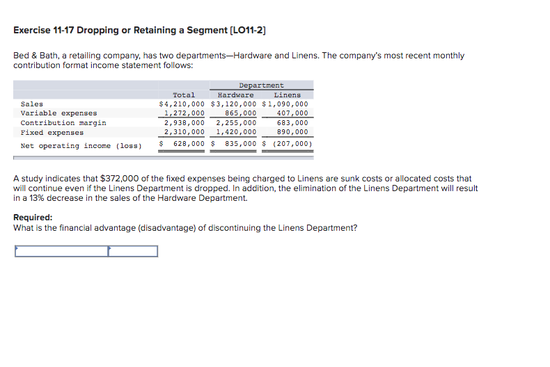 Solved Exercise 11-17 Dropping or Retaining a Segment | Chegg.com