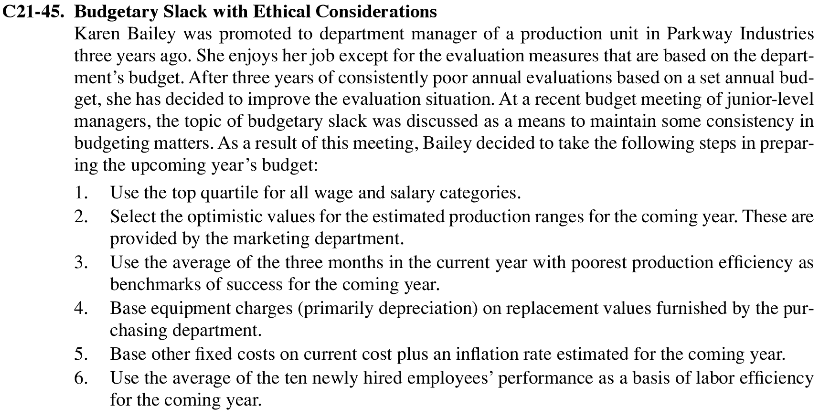 Solved C21-45. Budgetary Slack with Ethical Considerations | Chegg.com
