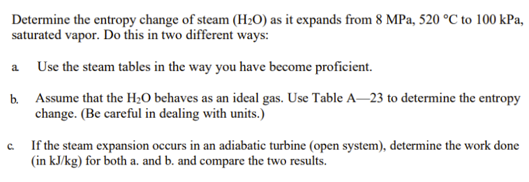 Solved Determine the entropy change of steam (H20) as it | Chegg.com